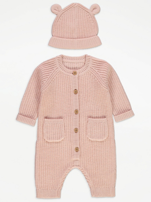Pink Knitted All In One and Hat Outfit | Baby | George at ASDA