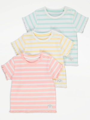 Pastel Ribbed Striped Lettuce Trim Tops 3 Pack | Baby | George at ASDA