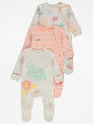 Pastel Animal Ribbed 2 Way Zip Sleepsuits 3 Pack | Baby | George at ASDA