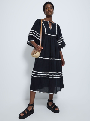 Black Ric Rac Woven Tiered Boho Midi Dress | Women | George at ASDA