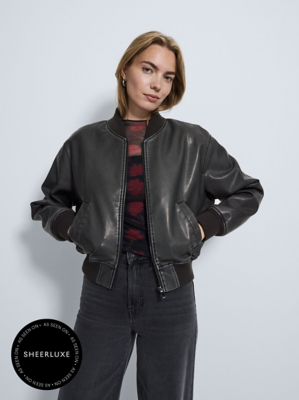 Charcoal Leather Look Bomber Jacket | Women | George at ASDA
