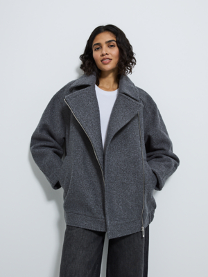 Charcoal Cosy Asymmetric Zip Fasten Biker Coat | Women | George at ASDA
