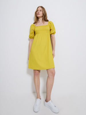 Yellow Broderie Puff Sleeve Shirred Mini Dress | Women | George at ASDA