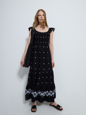 Black Embroidered Frill Shoulder Tiered Midi Sundress | Women | George ...