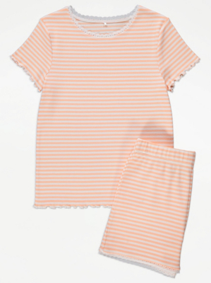 Peach Striped Lettuce Edge Short Pyjamas | Kids | George at ASDA