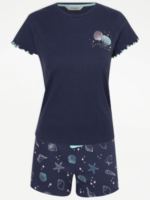 Navy Sea Shell Ribbed Short Pyjamas | Lingerie | George at ASDA