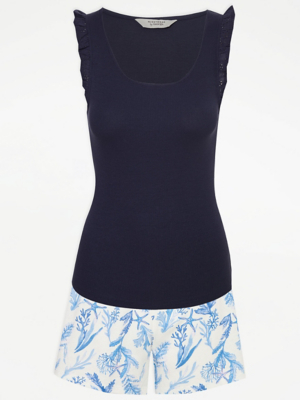 Navy Coral Reef Broderie Sleeve Vest and Shorts Pyjamas | Lingerie ...