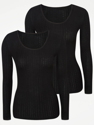 Black Pointelle Super Soft Thermal Long Sleeve Tops 2 Pack | Lingerie ...