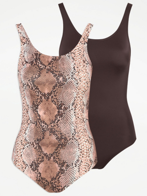 Brown Snakeskin Print Scoop Neck Swimsuit 2 Pack | Women | George at ASDA