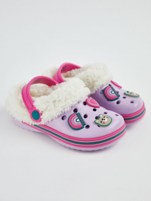 Lilac Faux Fur Lined Fun Badge Clogs | Kids | George at ASDA