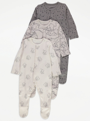 Disney Dumbo Grey Spotty Sleepsuits 3 Pack | Baby | George at ASDA
