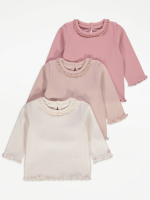 Pink Ribbed Frill Trim Long Sleeve Tops 3 Pack | Baby | George at ASDA