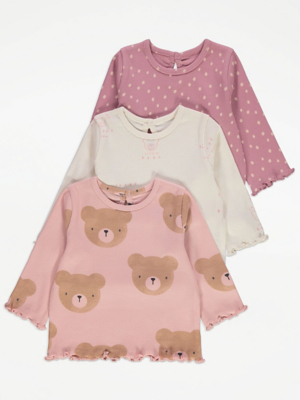 Pink Teddy Bear Ribbed Long Sleeve Tops 3 Pack | Baby | George at ASDA