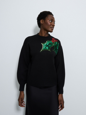 Christmas Black Sequin Holly Knitted Jumper | Women | George at ASDA