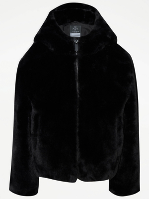Black Faux Fur Hooded Jacket | Kids | George at ASDA