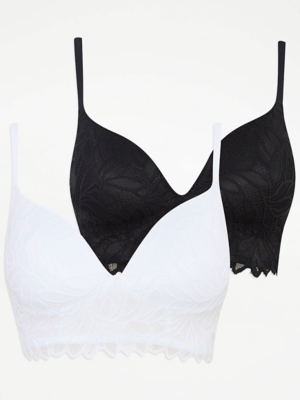 White/Black Leafy Lace Comfort Non-Wired Bras 2 Pack | Lingerie ...