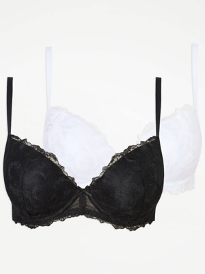 White/Black Embroidered T-Shirt Bras 2 Pack | Lingerie | George at ASDA