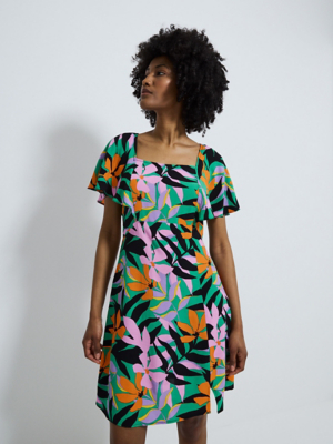 Bright Floral Leaf Flutter Sleeve Tie Back Mini Tea Dress | Women ...