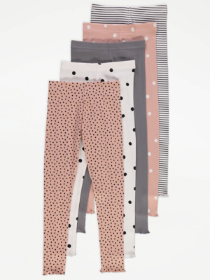 Spotty Striped Ribbed Lettuce Edge Leggings 5 Pack | Kids | George at ASDA