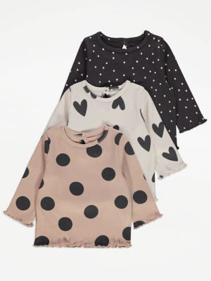 Spotty Ribbed Lettuce Edge Long Sleeve Tops 3 Pack | Baby | George at ASDA