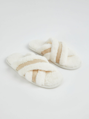 Cream Faux Fur Cross Over Slider Slippers | Lingerie | George at ASDA