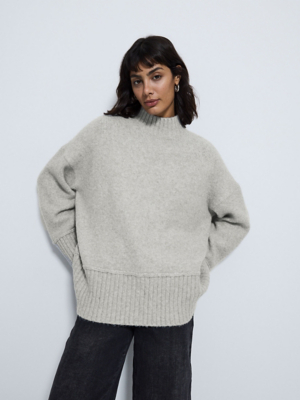 Light Grey Funnel Neck Chunky Ribbed Longline Knitted Jumper | Women ...