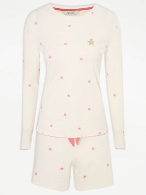 Cream Star Ribbed Long Sleeve Short Pyjamas | Lingerie | George at ASDA