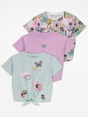 Fun Sticker Tie Front T-Shirts 3 Pack | Kids | George at ASDA