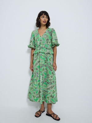 Green Paisley Ruched Frill Waist Midi Dress | Women | George at ASDA