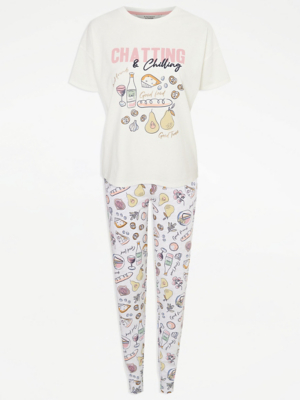 Cream Chatting and Chilling Slogan Short Sleeve Pyjamas | Lingerie ...