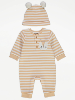 Light Tan Striped Animal Pocket All In One and Hat Set | Baby | George ...