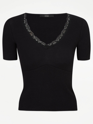 Black Lace V Neck Ribbed Top | Women | George at ASDA