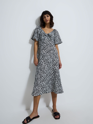 Black Floral Tie Front Short Sleeve Midi Dress | Women | George at ASDA