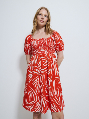 Red Leaf Shirred Puff Sleeve Mini Dress | Women | George at ASDA