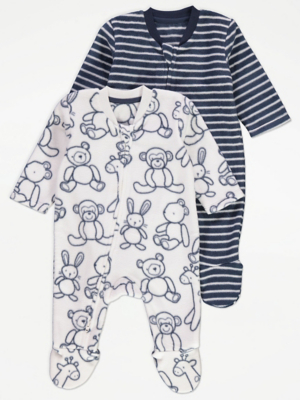 Teddy Bear Stripe Fleece Sleepsuits 2 Pack | Baby | George at ASDA
