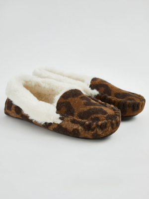 Brown Animal Faux Fur Lined Full Back Moccasin Slippers | Lingerie ...