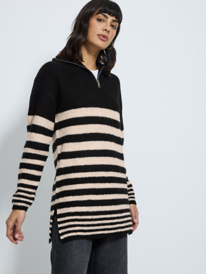Black Striped Quarter Zip Knitted Tunic Jumper | Women | George at ASDA