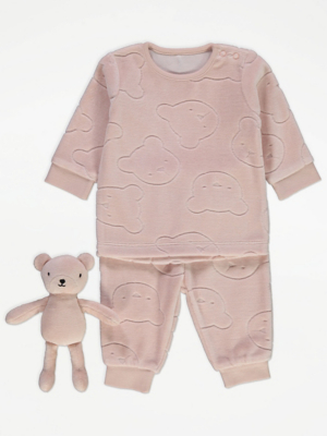 Light Pink Teddy Velour Pyjamas and Toy Set | Baby | George at ASDA