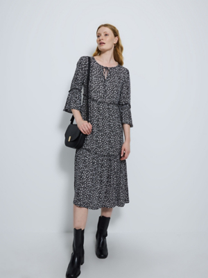 White/Black Floral Flared Sleeve Tiered Midi Dress | Women | George at ASDA