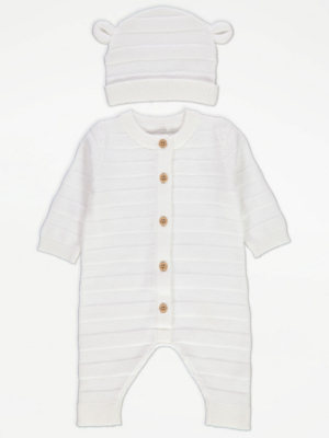 White Striped Knitted All In One and Hat Outfit | Baby | George at ASDA