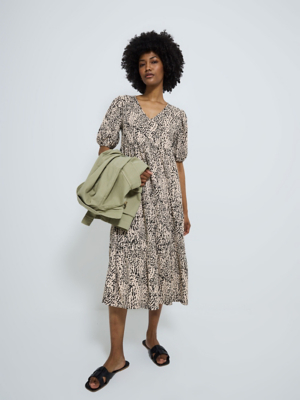 Neutral Animal Print V Neck Crepe Tiered Midi Dress | Women | George at ...