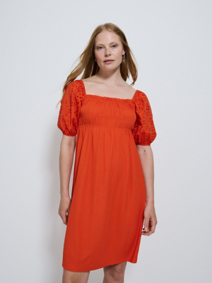 Orange Broderie Puff Sleeve Shirred Mini Dress | Women | George at ASDA