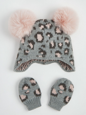 Grey Animal Knitted Trapper Hat and Mittens Set | Baby | George at ASDA