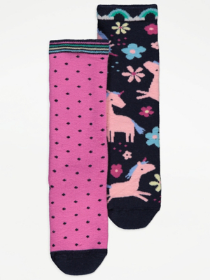 Pink Unicorn Spotty Cotton Rich Welly Socks 2 Pack | Kids | George at ASDA