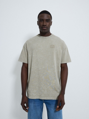 Khaki Acid Wash Oversized Embroidered Slogan T-Shirt | Men | George at ASDA