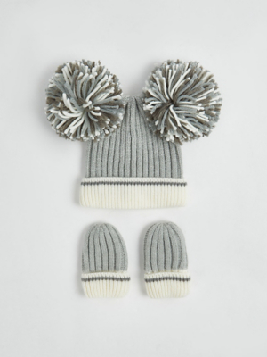 Grey Double Pom Pom Knitted Hat and Mittens Set | Baby | George at ASDA