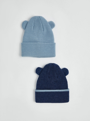 Blue 3D Ear Knitted Beanie Hats 2 Pack | Baby | George at ASDA