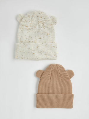 Mocha 3D Ear Knitted Beanie Hats 2 Pack | Baby | George at ASDA