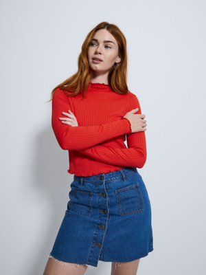 G21 Red Ribbed Lettuce Edge Long Sleeve Top | Women | George at ASDA