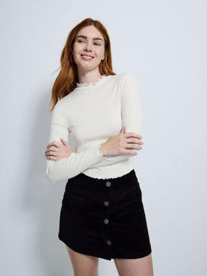 G21 Cream Ribbed Lettuce Edge Long Sleeve Top | Women | George at ASDA